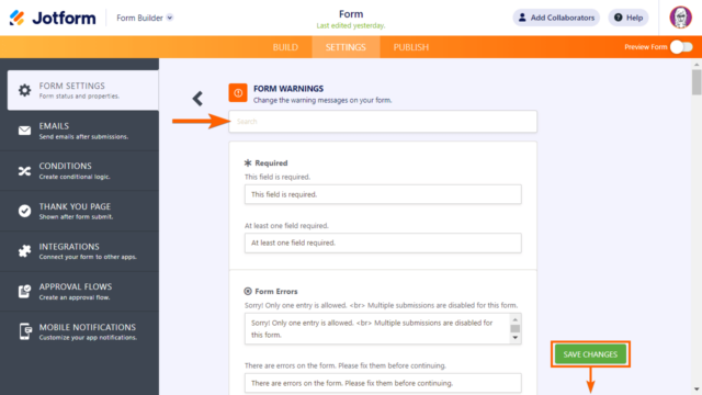 How To Change Form Warnings