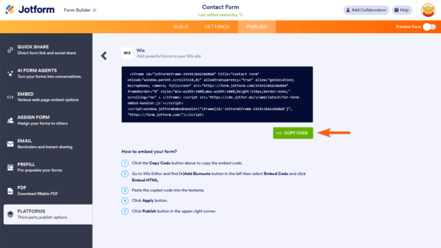 Adding Your Form to Wix