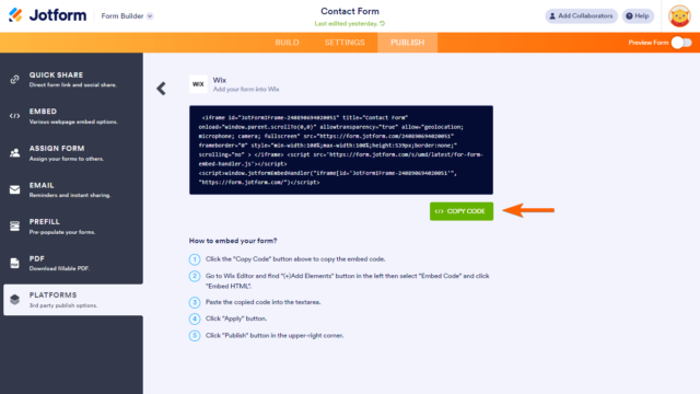 Adding Your Form to Wix