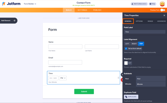 How to Add Time Field to a Form