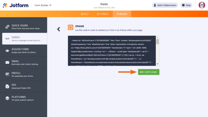 Getting the Form Iframe Code