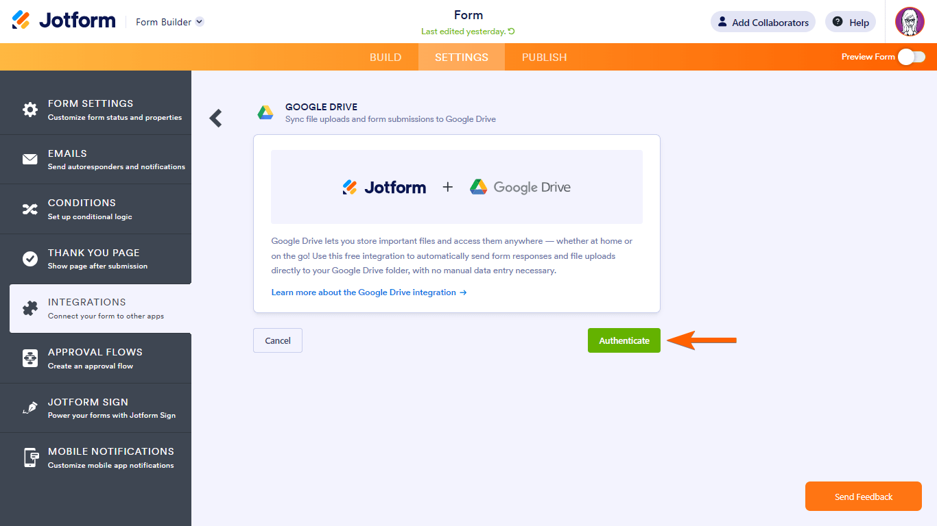How to set up Google Drive Integration with Jotform