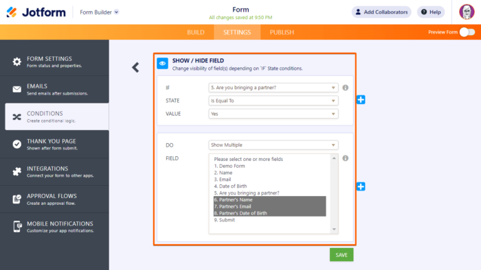 How to Hide or Show Multiple Fields Conditionally
