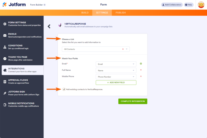 How to Integrate Jotform With VerticalResponse
