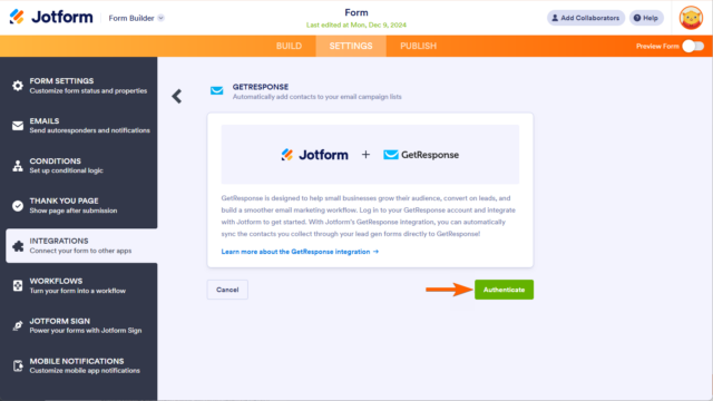 How to Integrate Jotform with GetResponse