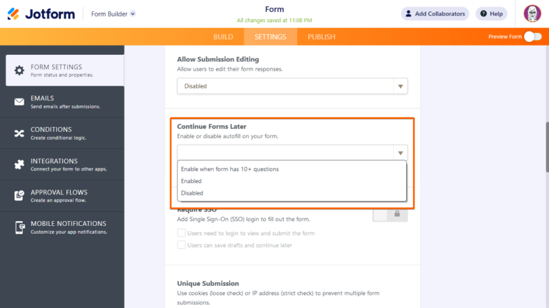 Setting Up the Continue Forms Later Feature in Card Forms