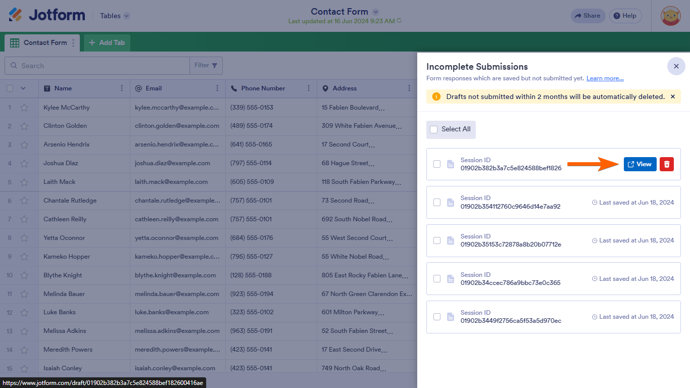 How to View Incomplete Submissions in Jotform Tables