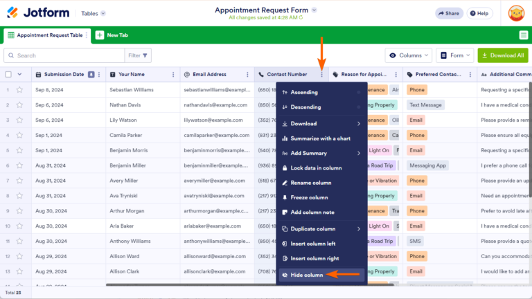 How to Show or Hide Columns in Jotform Tables
