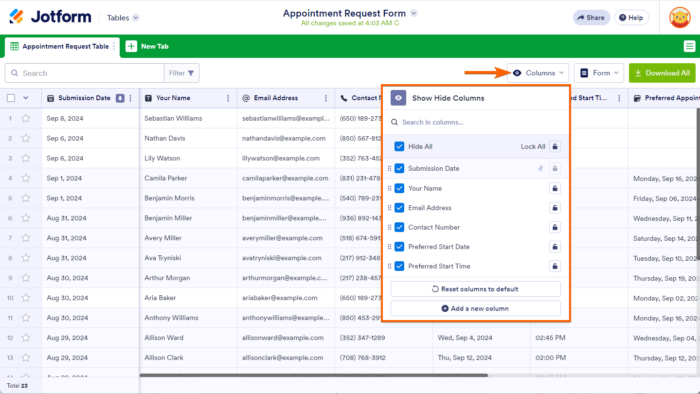 How to Show or Hide Columns in Jotform Tables