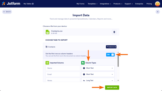 How to Import Data in Jotform Tables