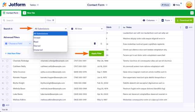 How to Filter Entries in Jotform Tables