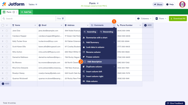 How to Add Descriptions to Tabs and Columns in Jotform Tables