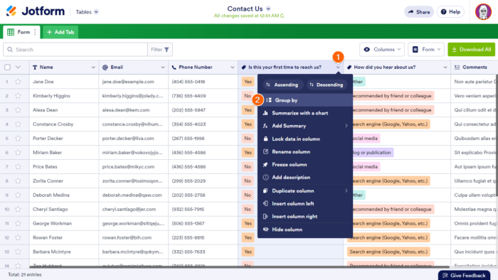 How to Group Entries by Answers in Jotform Tables
