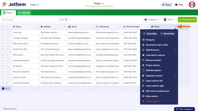 How to Add and Organize Columns in Jotform Tables