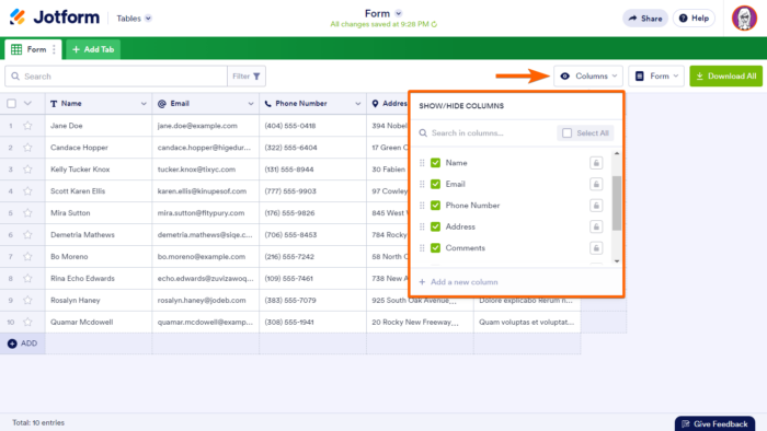 How to Add and Organize Columns in Jotform Tables