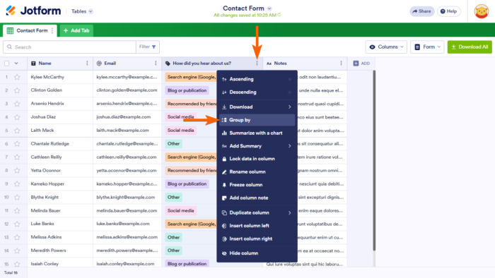 How to Group Entries by Answers in Jotform Tables