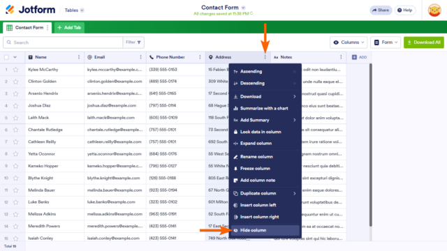 How to Show or Hide Columns in Jotform Tables