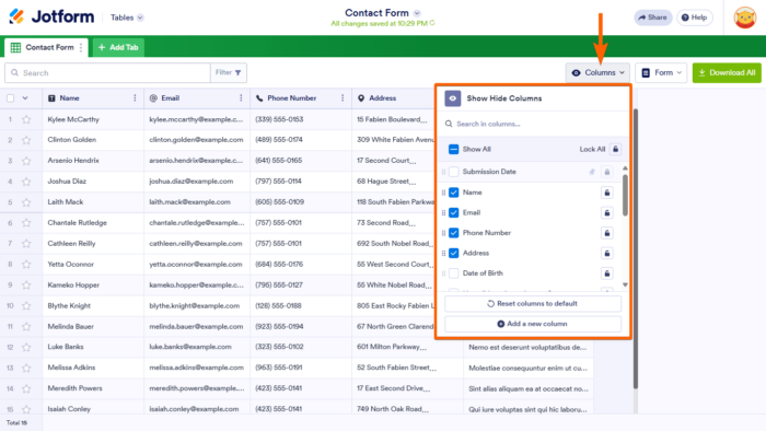 How to Show or Hide Columns in Jotform Tables
