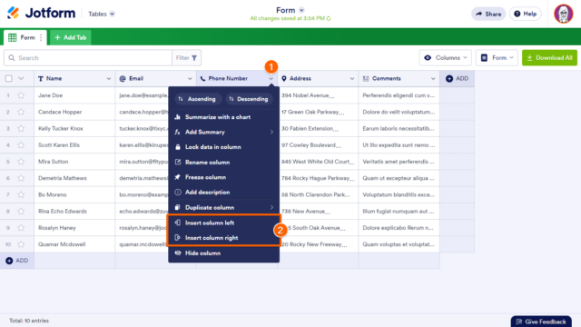 How to Add and Organize Columns in Jotform Tables