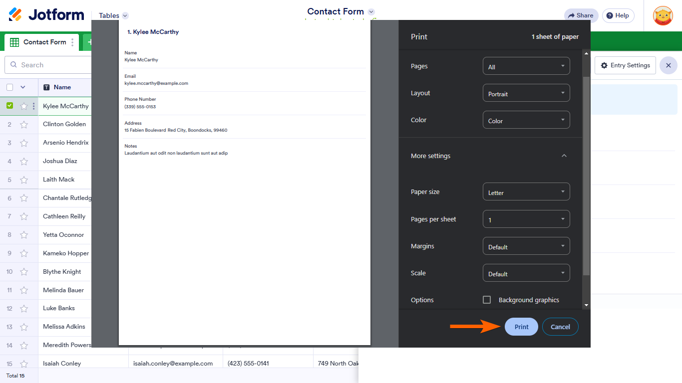 How to Print Entries in Jotform Tables
