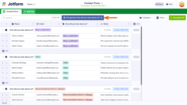 How to Group Entries by Answers in Jotform Tables