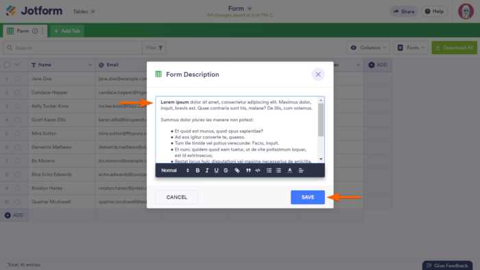 How to Add Descriptions to Tabs and Columns in Jotform Tables