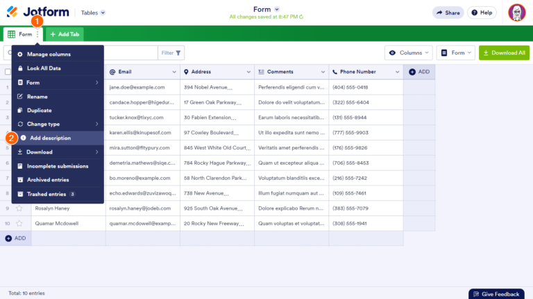 How to Add Descriptions to Tabs and Columns in Jotform Tables