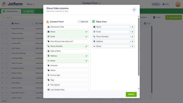 How to Show or Hide Columns in Jotform Tables