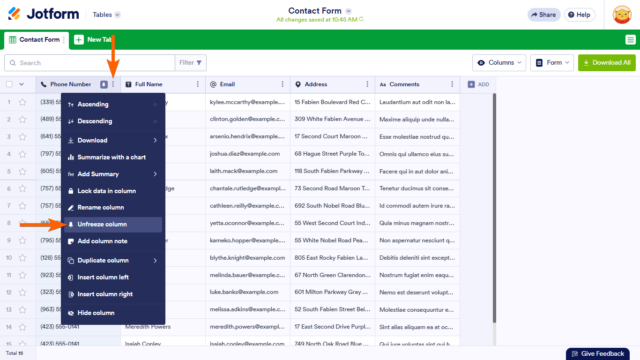 How to Freeze and Unfreeze Columns in Jotform Tables