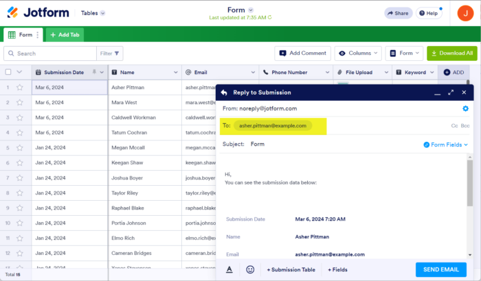 How to Use Direct Emailing Options in Jotform Tables