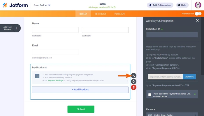 How to integrate Worldpay UK with Jotform?