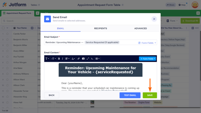 How to Send Email With Form Data in Jotform Tables