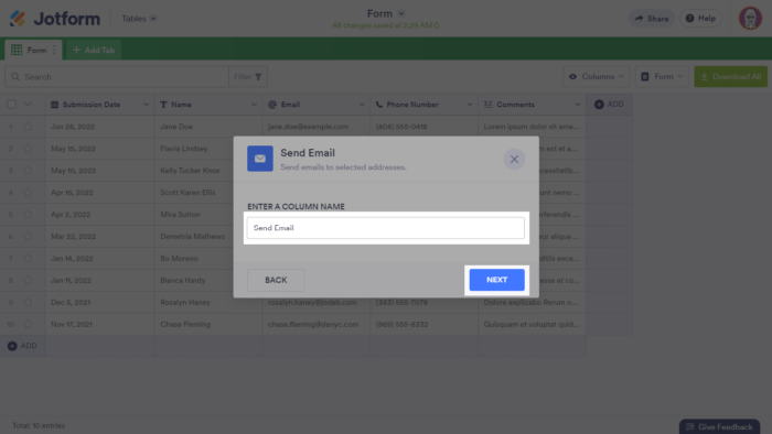 How To Send an Email With Form Data in Jotform Tables