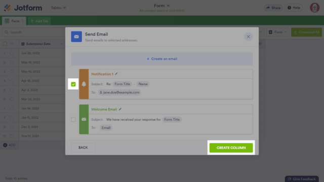 How To Send an Email With Form Data in Jotform Tables