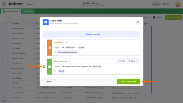 How to Send Email With Form Data in Jotform Tables