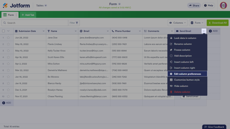 How To Send an Email With Form Data in Jotform Tables
