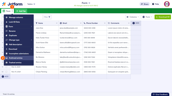 How to Archive Submission Entries in Jotform Tables