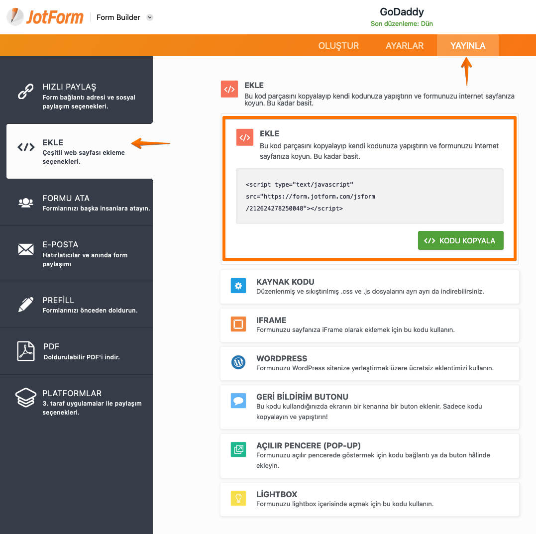 GoDaddy'ye Form Ekleme