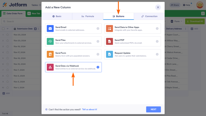 How to Send Data via Webhook in Jotform Tables