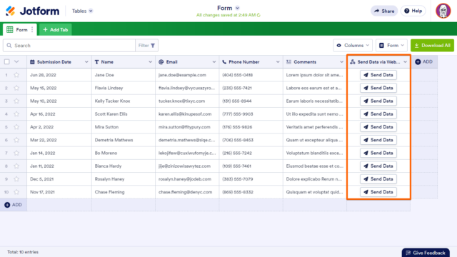 How to Send Data via Webhook in Jotform Tables