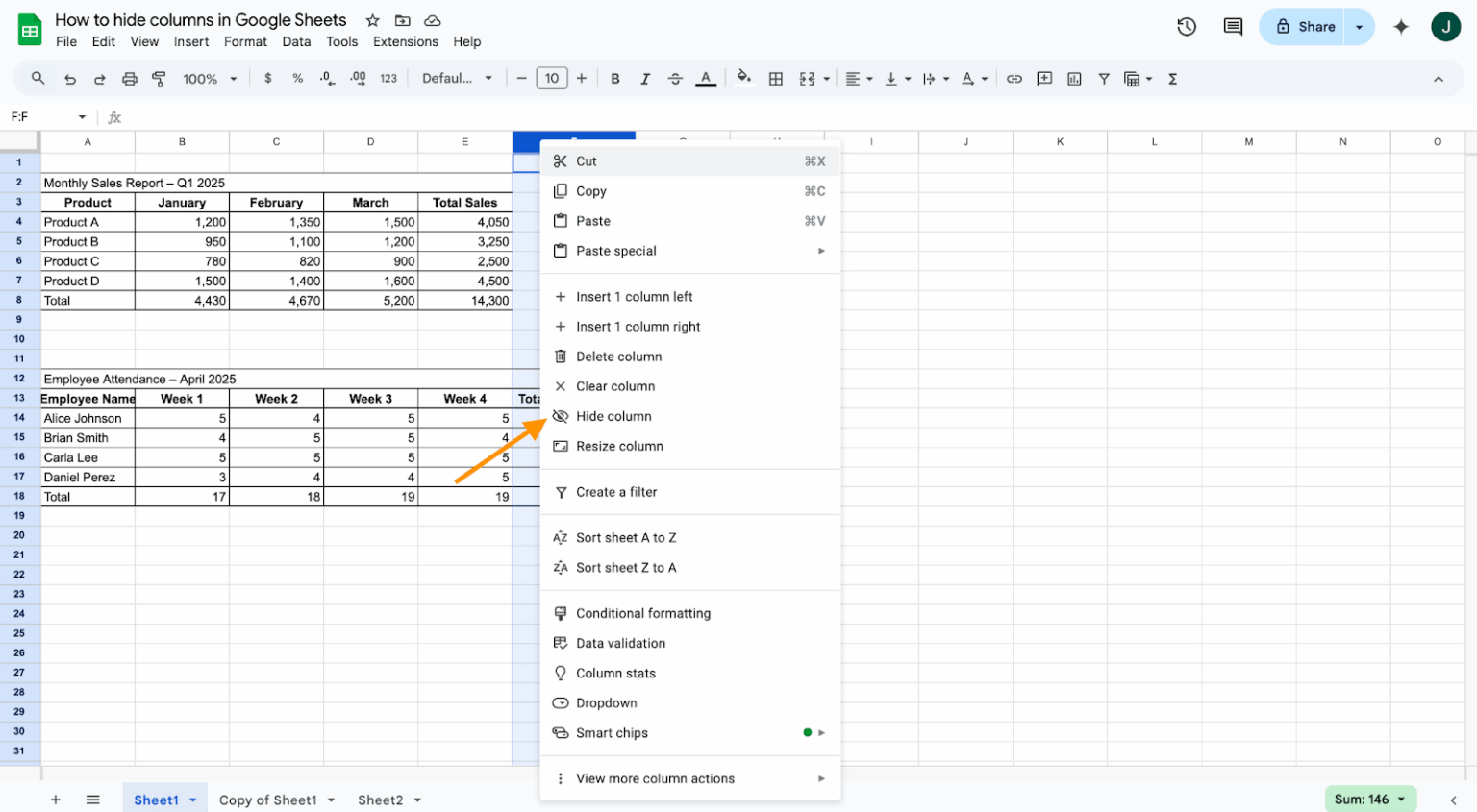 How to hide columns in Google Sheets | The Jotform Blog