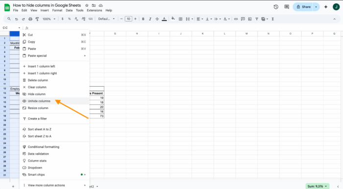 How to hide columns in Google Sheets | The Jotform Blog