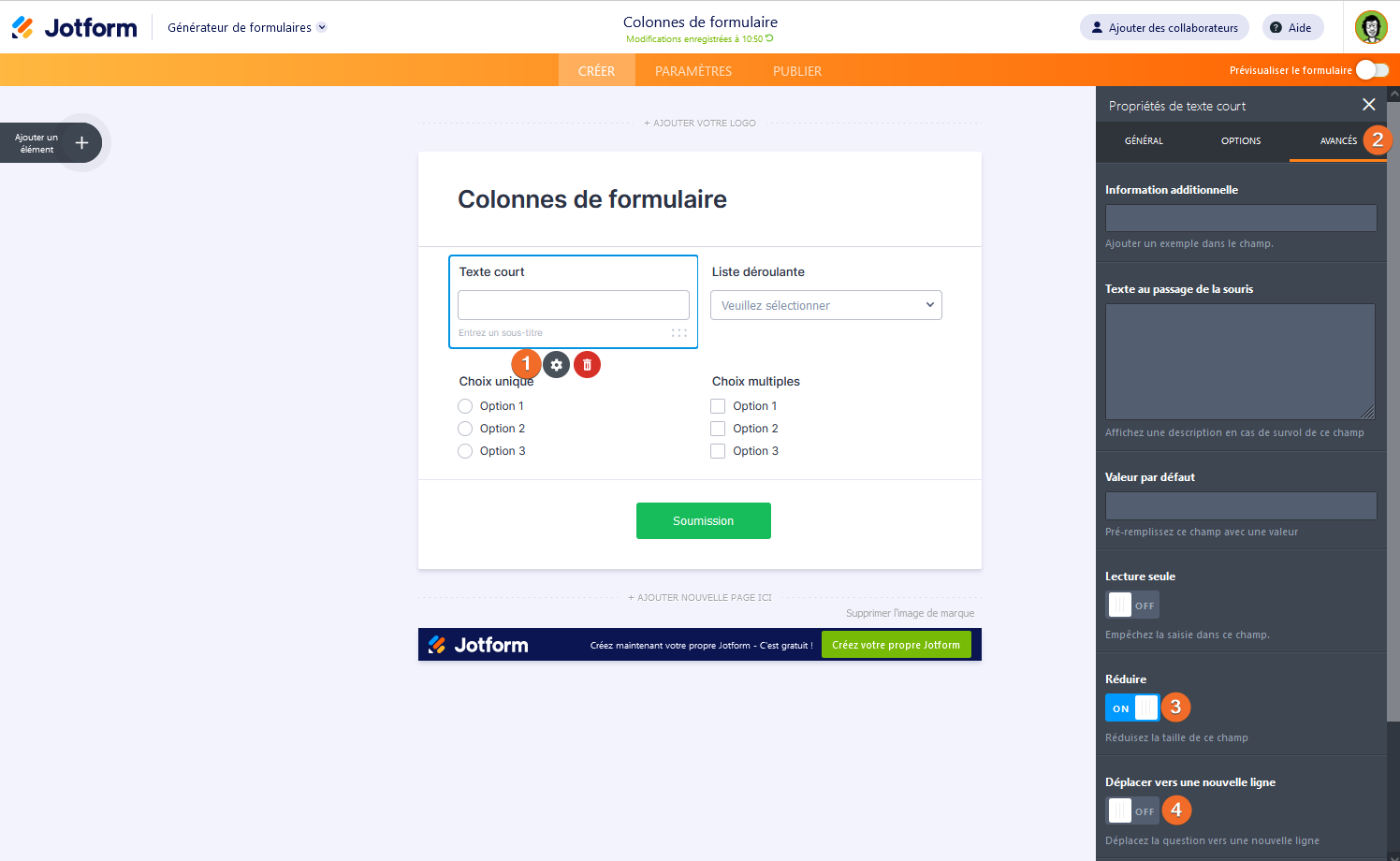 Configuration des colonnes de formulaire