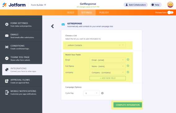How to Integrate Jotform with GetResponse