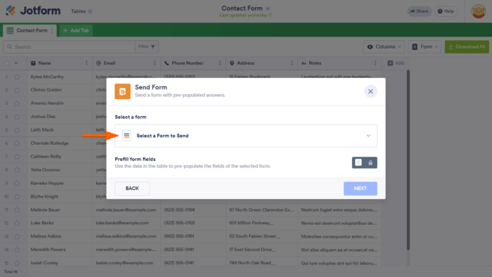 How to Send Forms in Jotform Tables