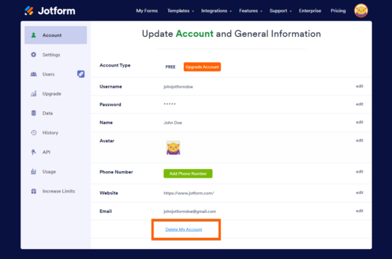 How to Delete My Jotform Account?