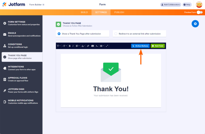 Using Action Buttons on Thank You Pages