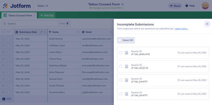 How To View Incomplete Submissions in Jotform Tables
