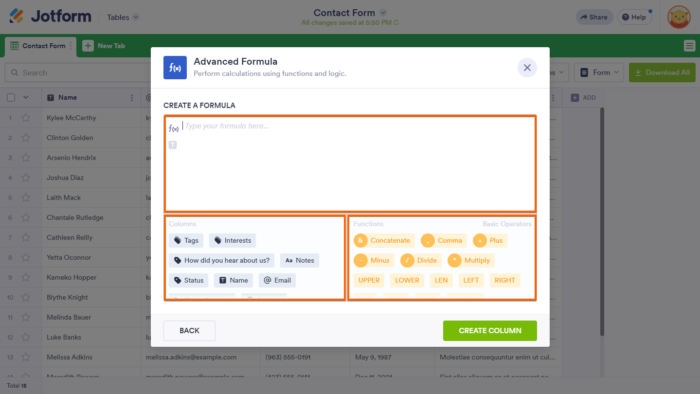 Using Advanced Formula in Jotform Tables