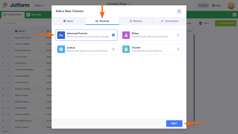 Using Advanced Formula in Jotform Tables